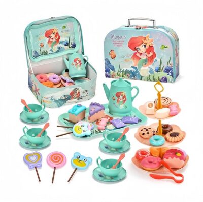 Kids Girls Toy Pretend Play Tin Tea Set Mermaid With Food and Carrying ...
